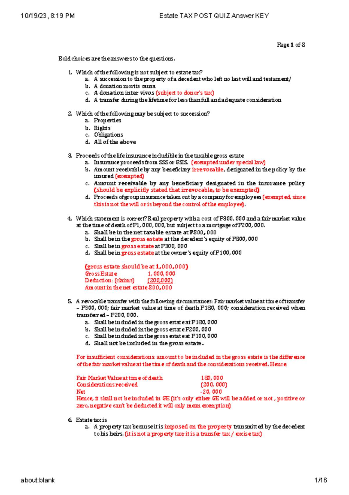 Estate Tax POST QUIZ Answer Key (Course Code: EST 101) - Studocu