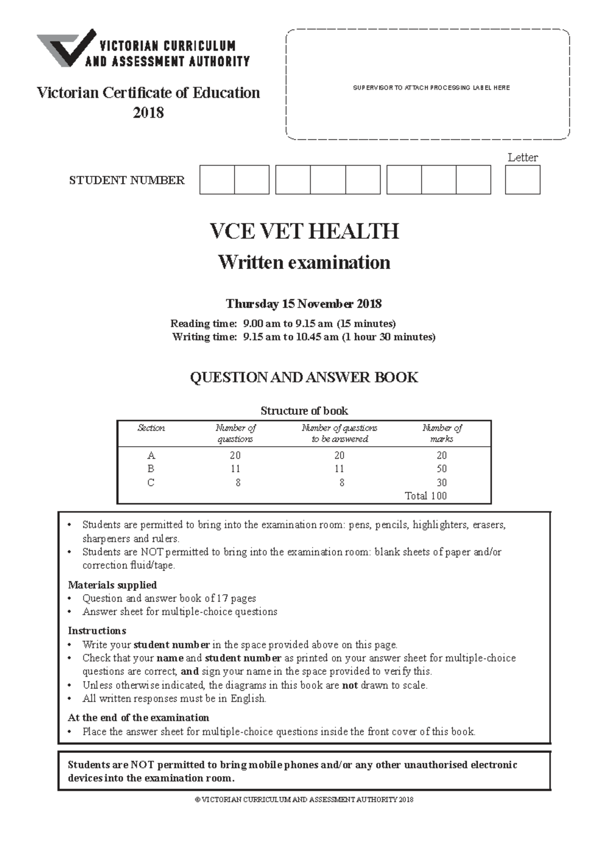 2018 VCE VET HEALTH Written Exam - Question & Answer Book - Studocu
