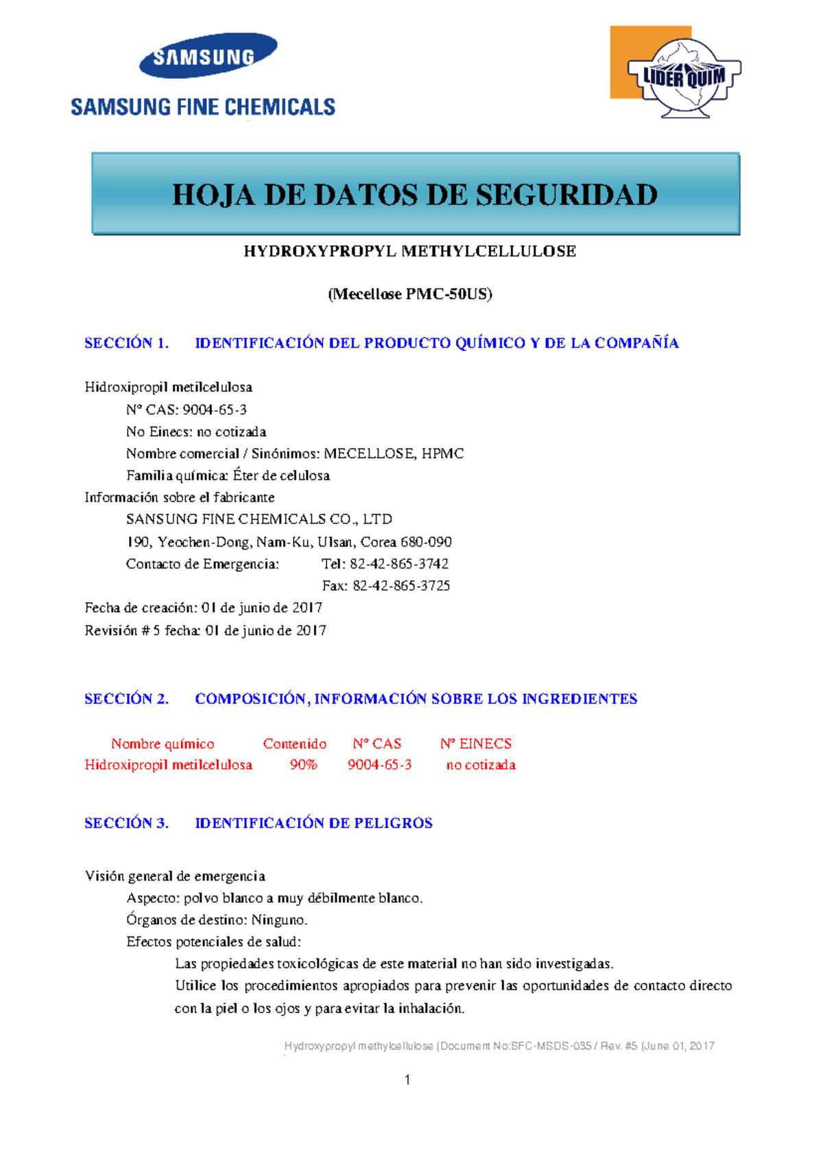 MSDS - Mecellose (Hydroxypropyl Methylcellulose) PMC 50US - Studocu