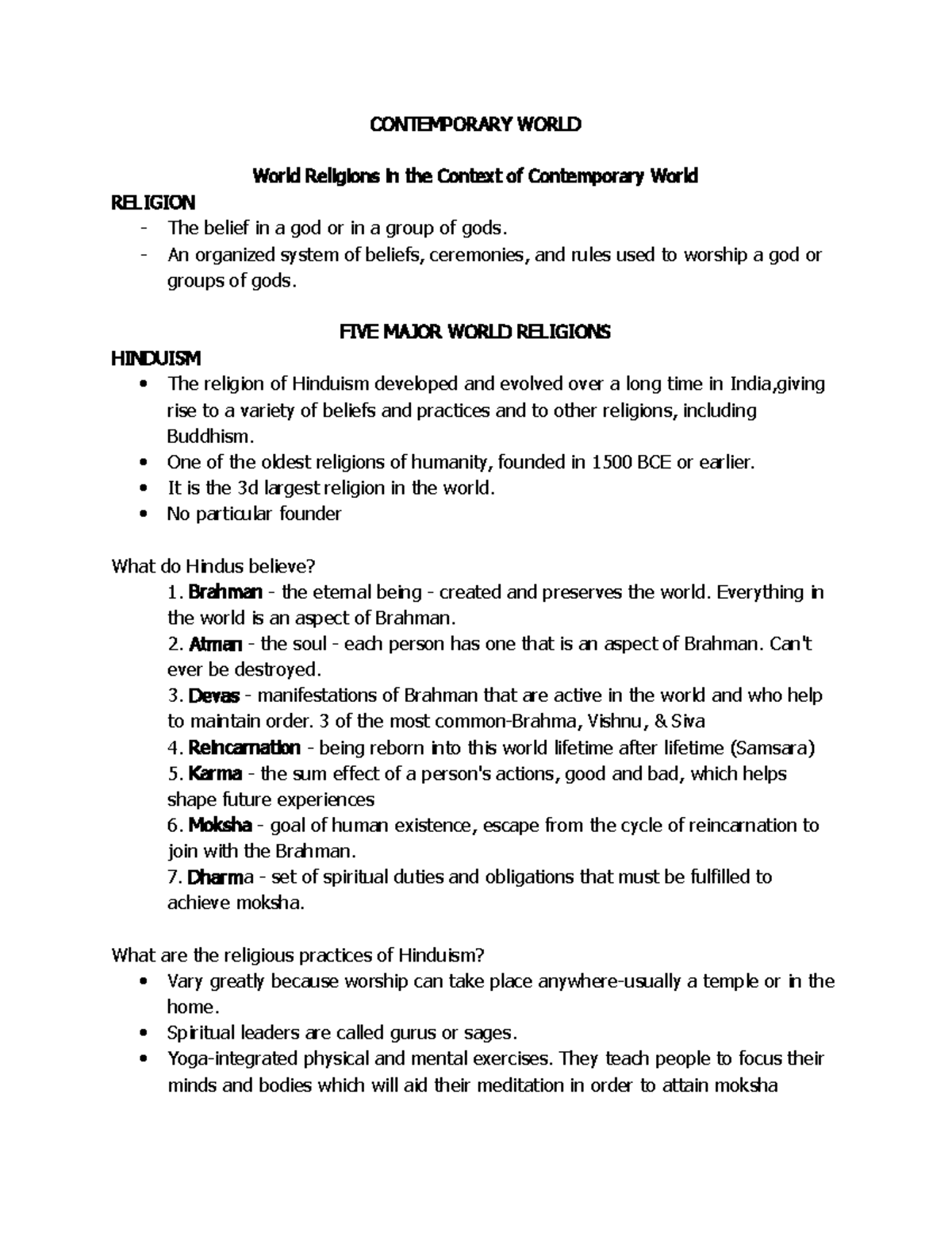 Contemporary World - Notes on 5 Major Religions Overview - Studocu
