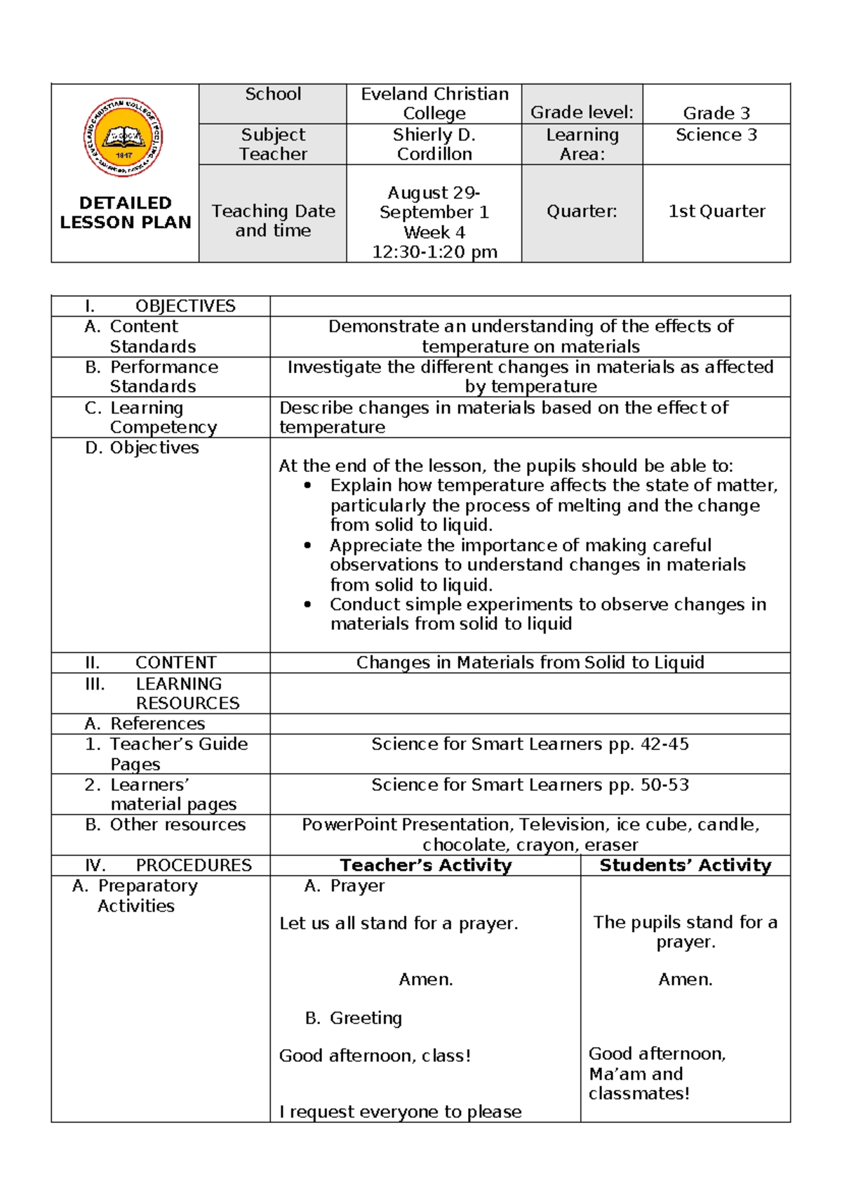 Science 3 - 1st Quarter Lesson Plan: Changes in Materials (Week 4 ...