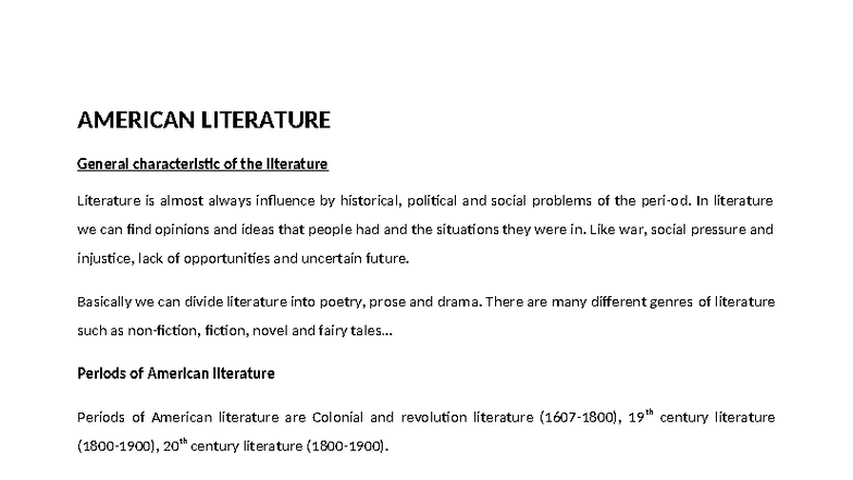 18) American Literature: Key Characteristics and Periods - Studocu