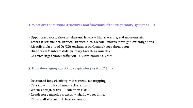 Respiratory System Study Guide (BIO 101) - Structures, Functions ...