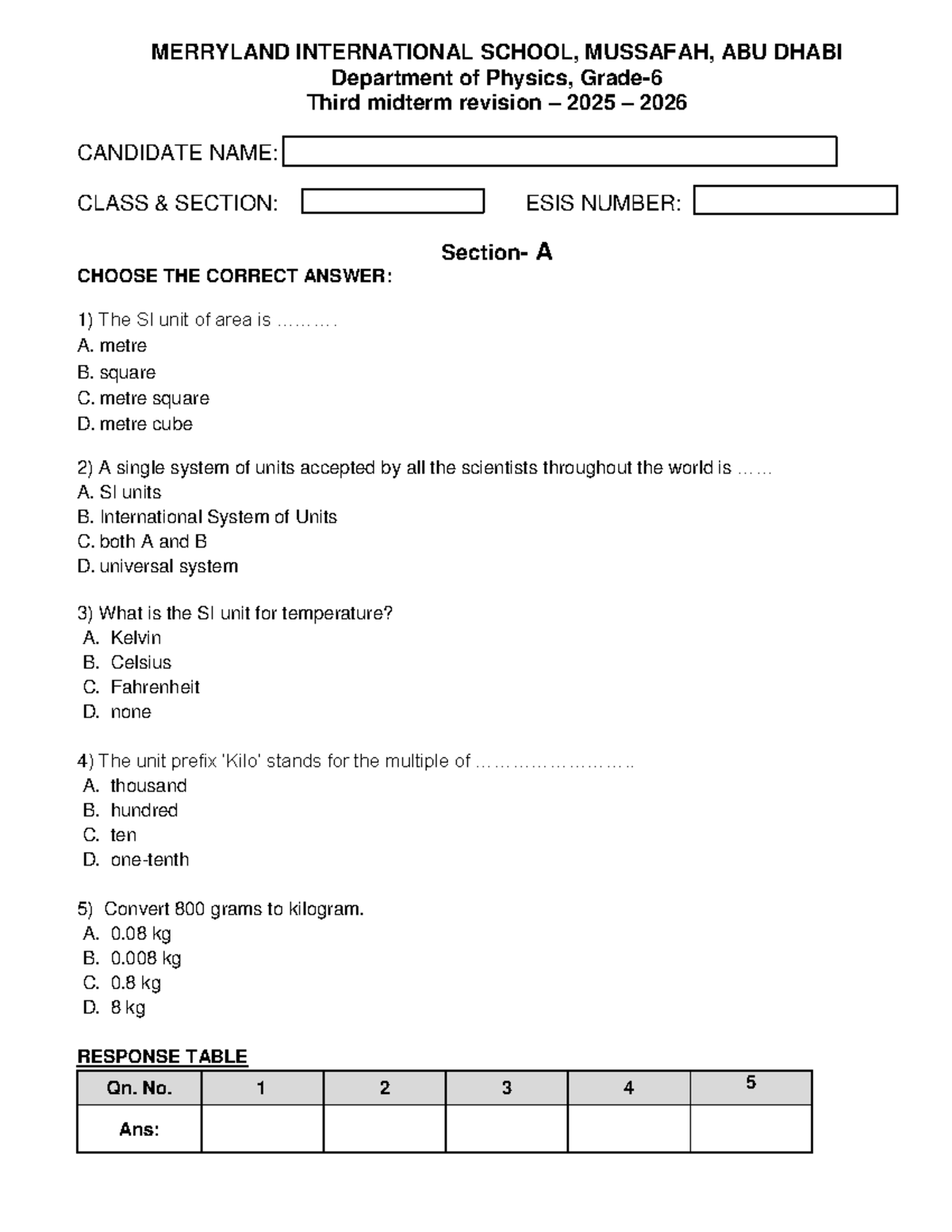 Grade 6 Physics Third Midterm Revision 2025-2026 - Studocu