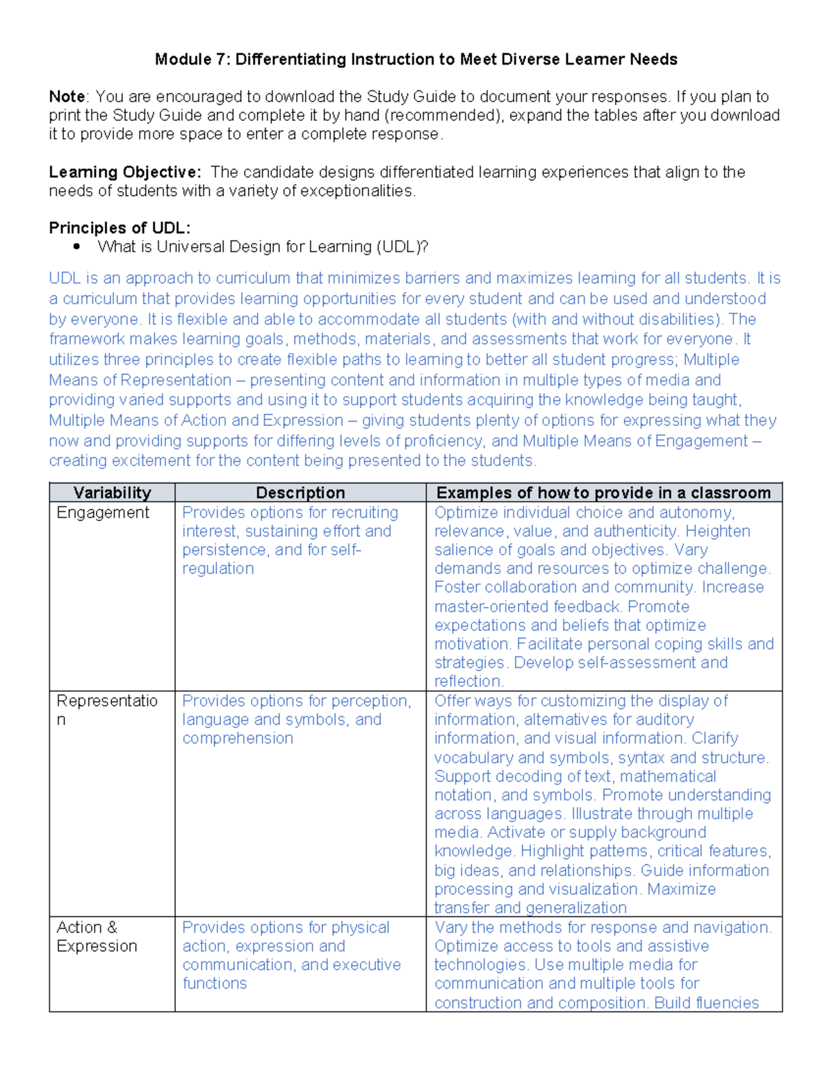D096 Mod 7 Study Guide - Unit 4: Differentiated Instruction & UDL ...