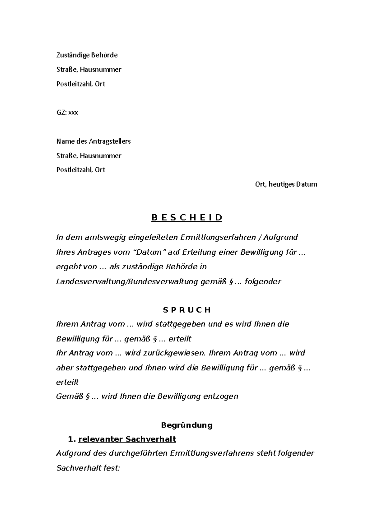 Vorlage Bescheid Schreiben für Bewilligungen - Mustervorlage - Studocu
