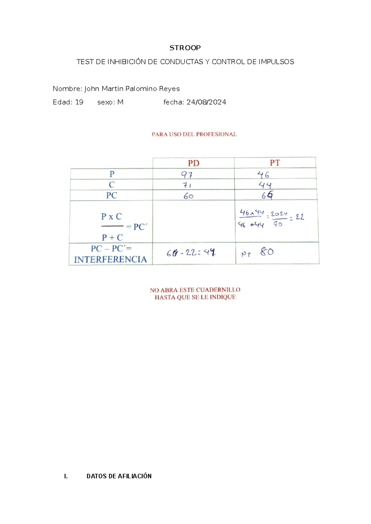 Informe Stroop - XXXXXXXXXXXXXXX - STROOP TEST DE INHIBICIÓN DE ...