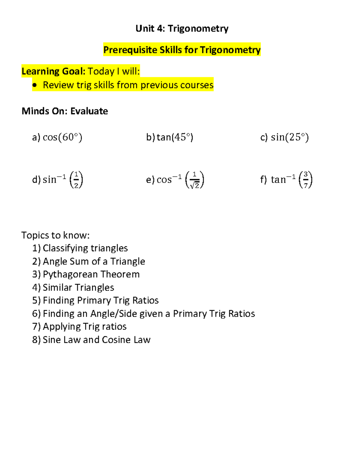 Unit 4: Prerequisite Skills for Trigonometry (MATH 101) - Studocu
