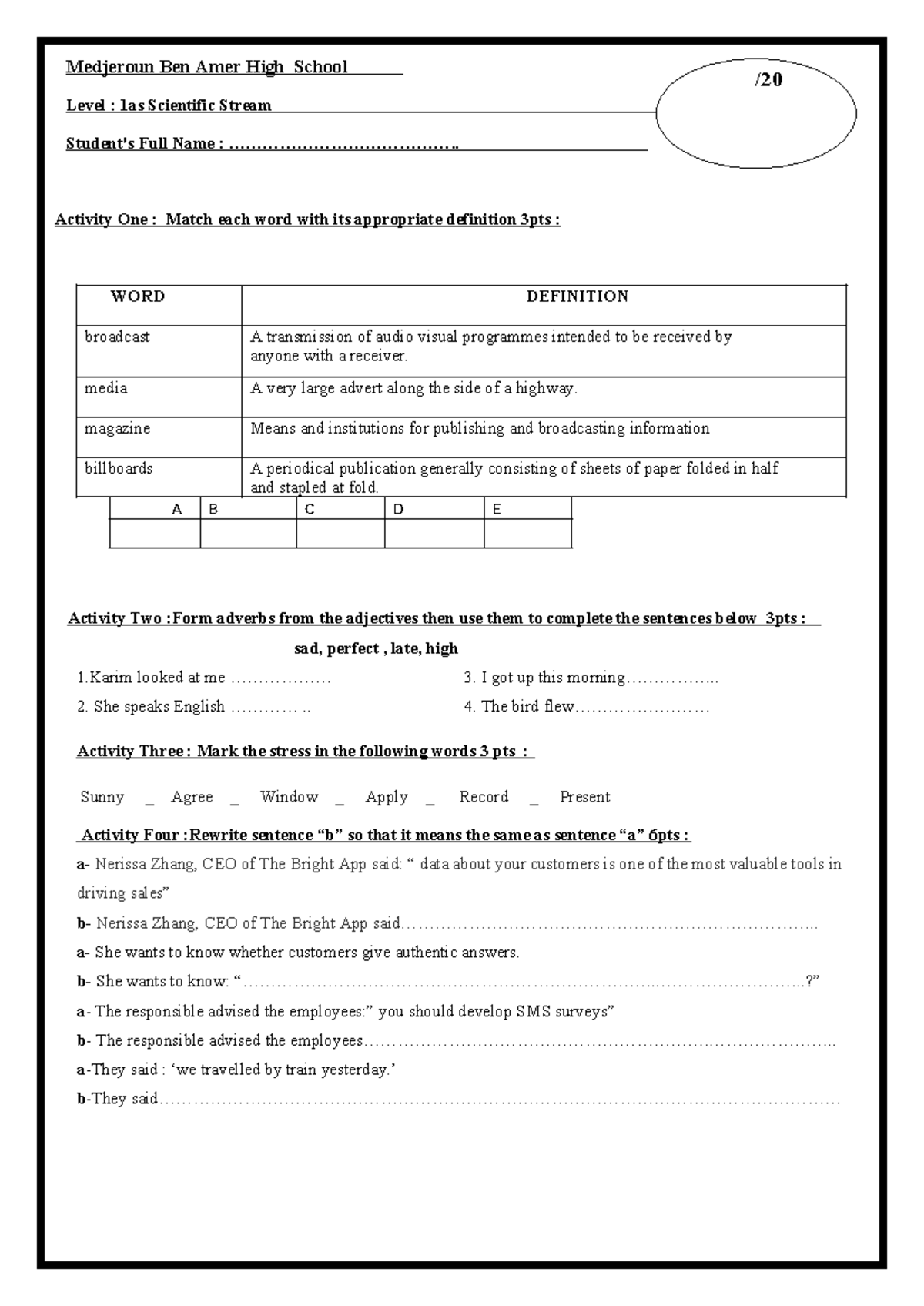 1as SS Test: Vocabulary Matching & Adverb Formation Activities - Studocu