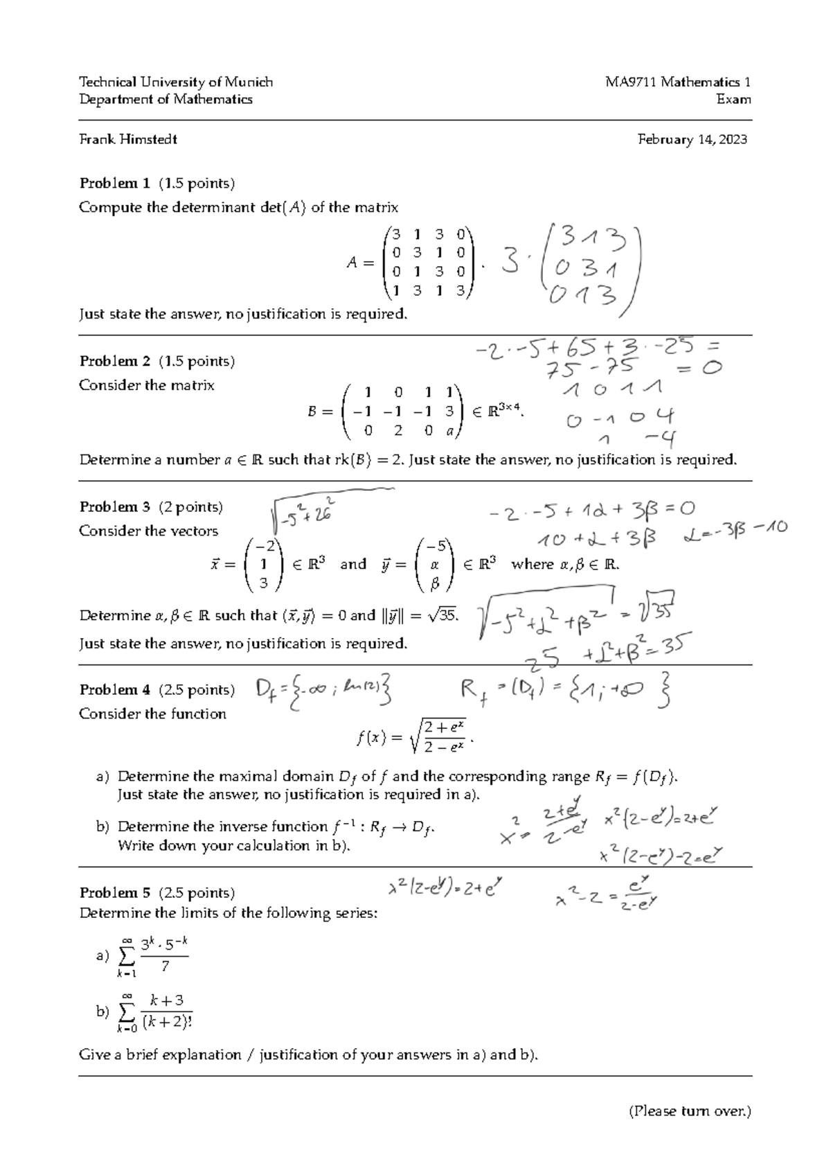 MA9711 Mathematics 1 Final Exam - TUM February 2023 - Studocu