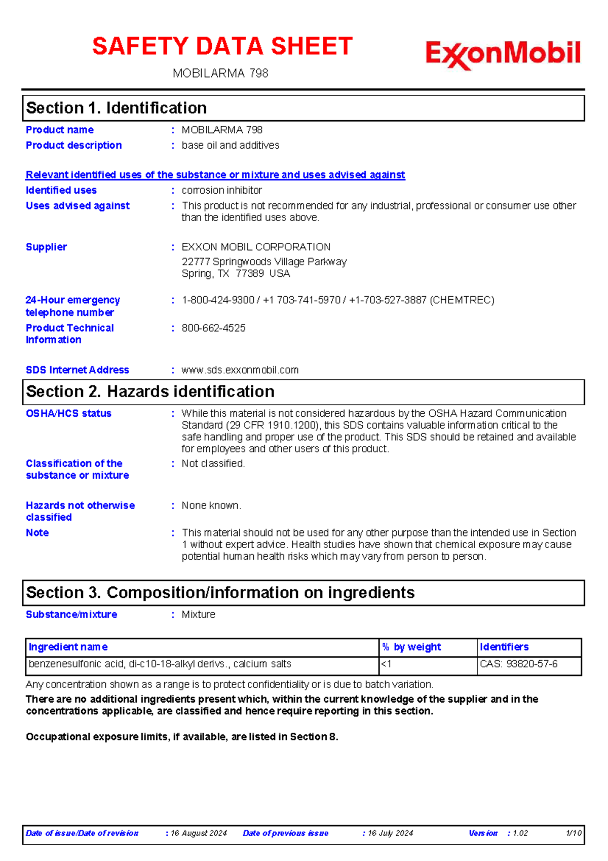 SAFETY DATA SHEET: MOBILARMA 798 - Identification & Hazards - Studocu