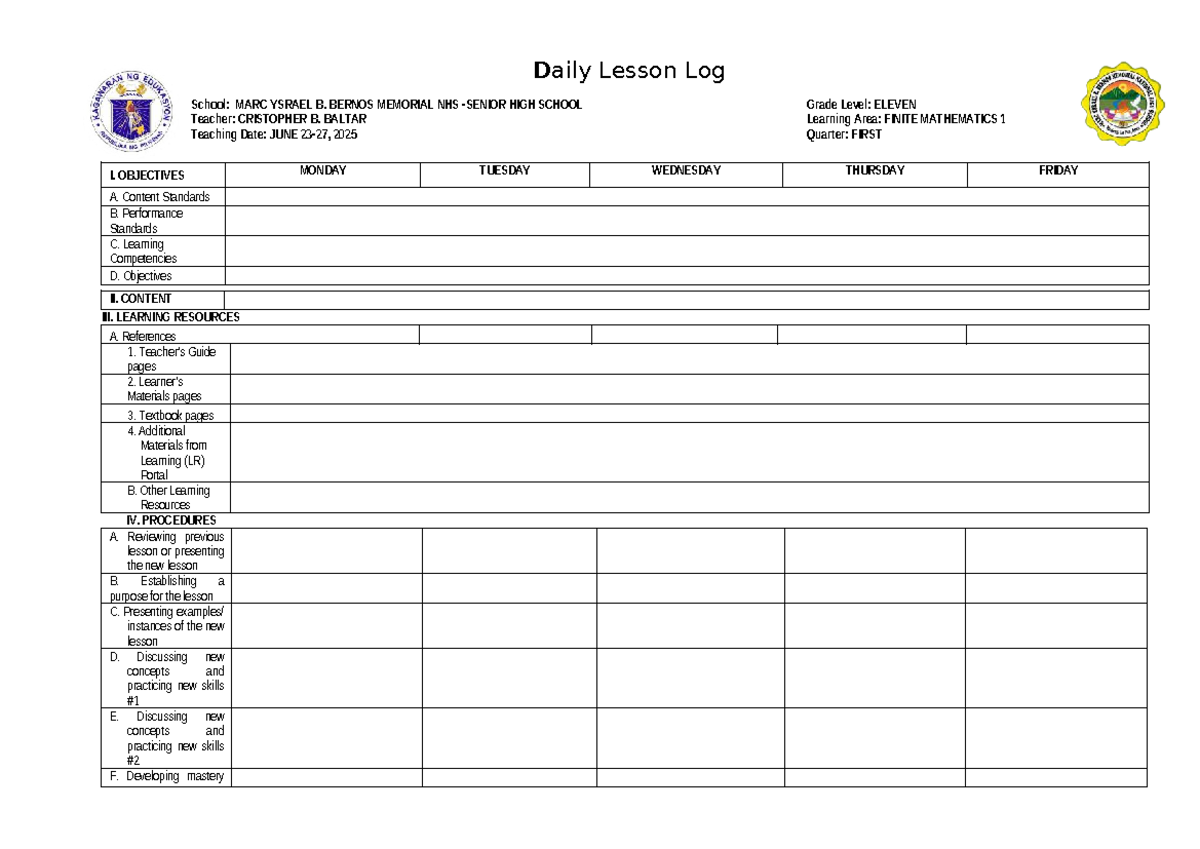 DLL1 - Daily Lesson Log for Finite Mathematics (Grade 11) - Studocu