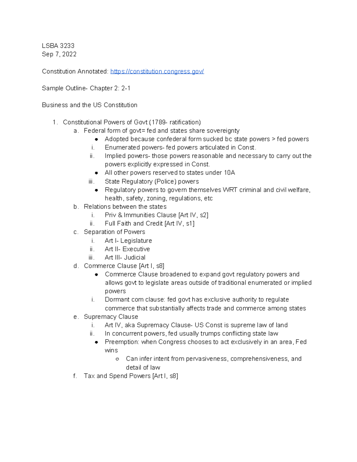 LSBA 3233 Sample Outline: Chapter 2 - Business & the US Constitution ...