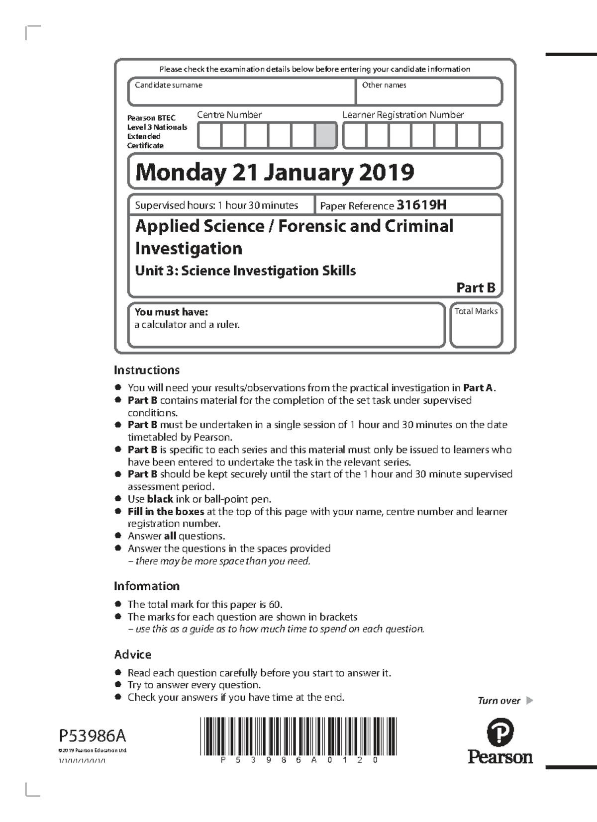 Jan 2019 BTEC Level 3 Applied Science Unit 3 Exam Paper Part B - Studocu