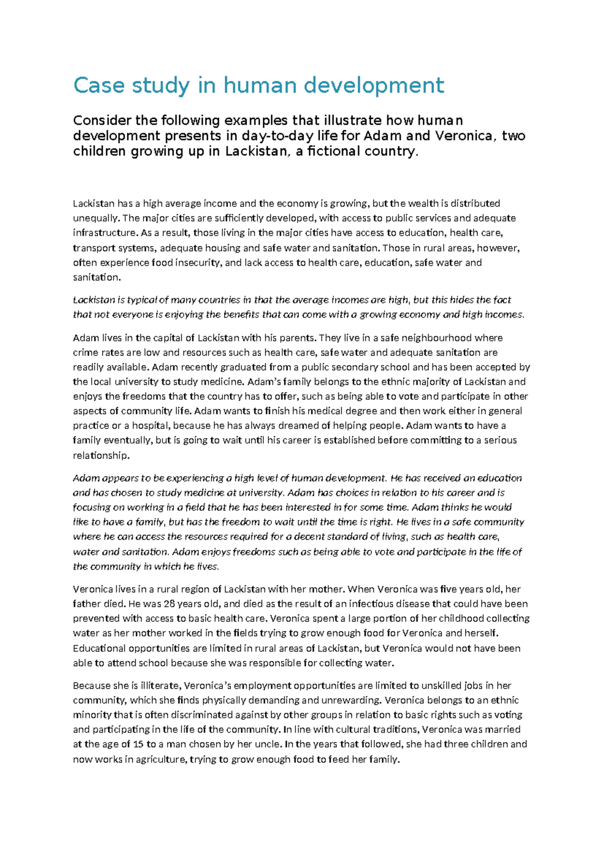 8.4 Case Study: Human Development in Lackistan - Adam vs. Veronica - Studocu