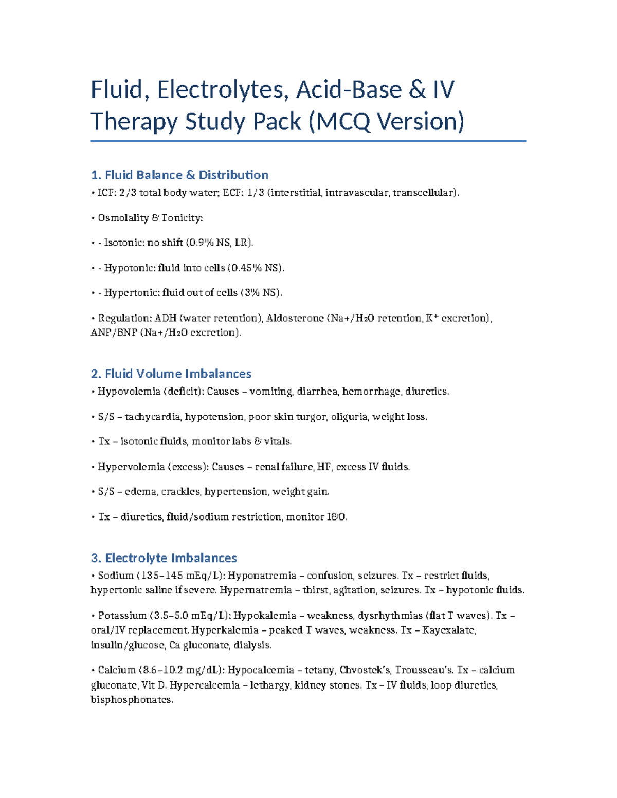 Fluid, Electrolytes & IV Therapy Study Pack (MCQ Version) - Studocu