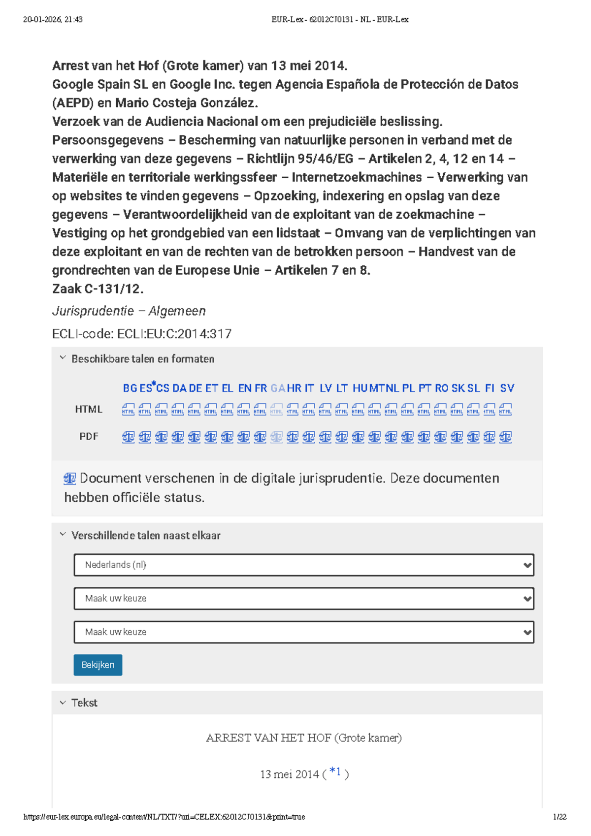 21:43 62012CJ0131 NL Arrest van het Hof over Google Spain en ...
