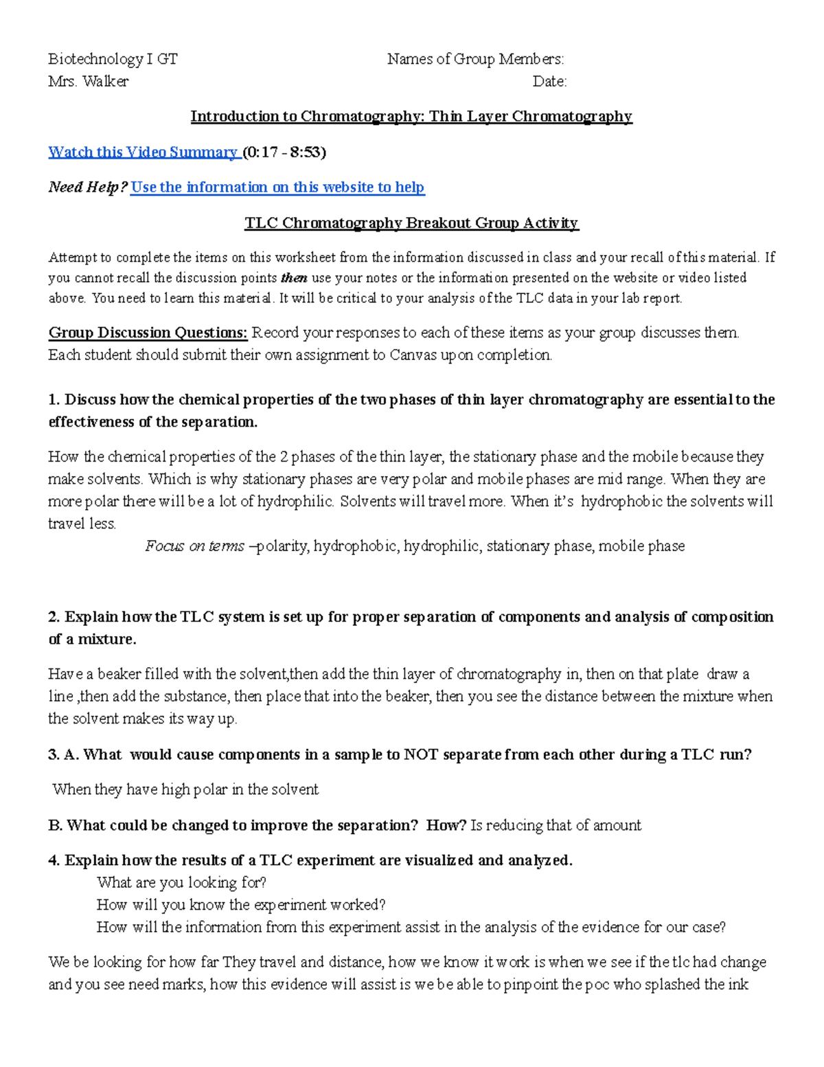 Biotech I GT: TLC Group Work & Analysis Guide 2022 - Studocu