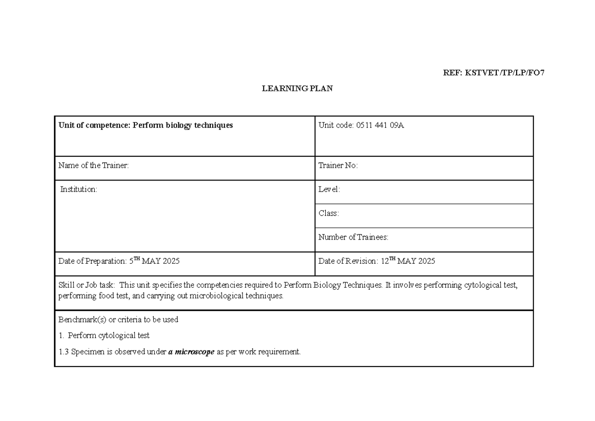 BIO TECH LP 1 - Learning Plan for Biology Techniques (0511 441 09A ...