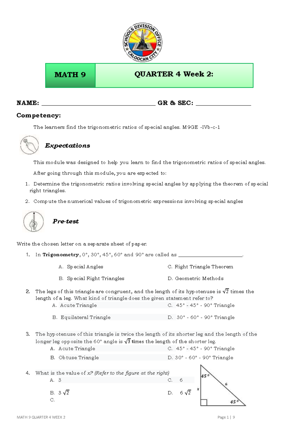 Math 9 Q4 Week 2 - Trigonometric Ratios of Special Angles - Studocu