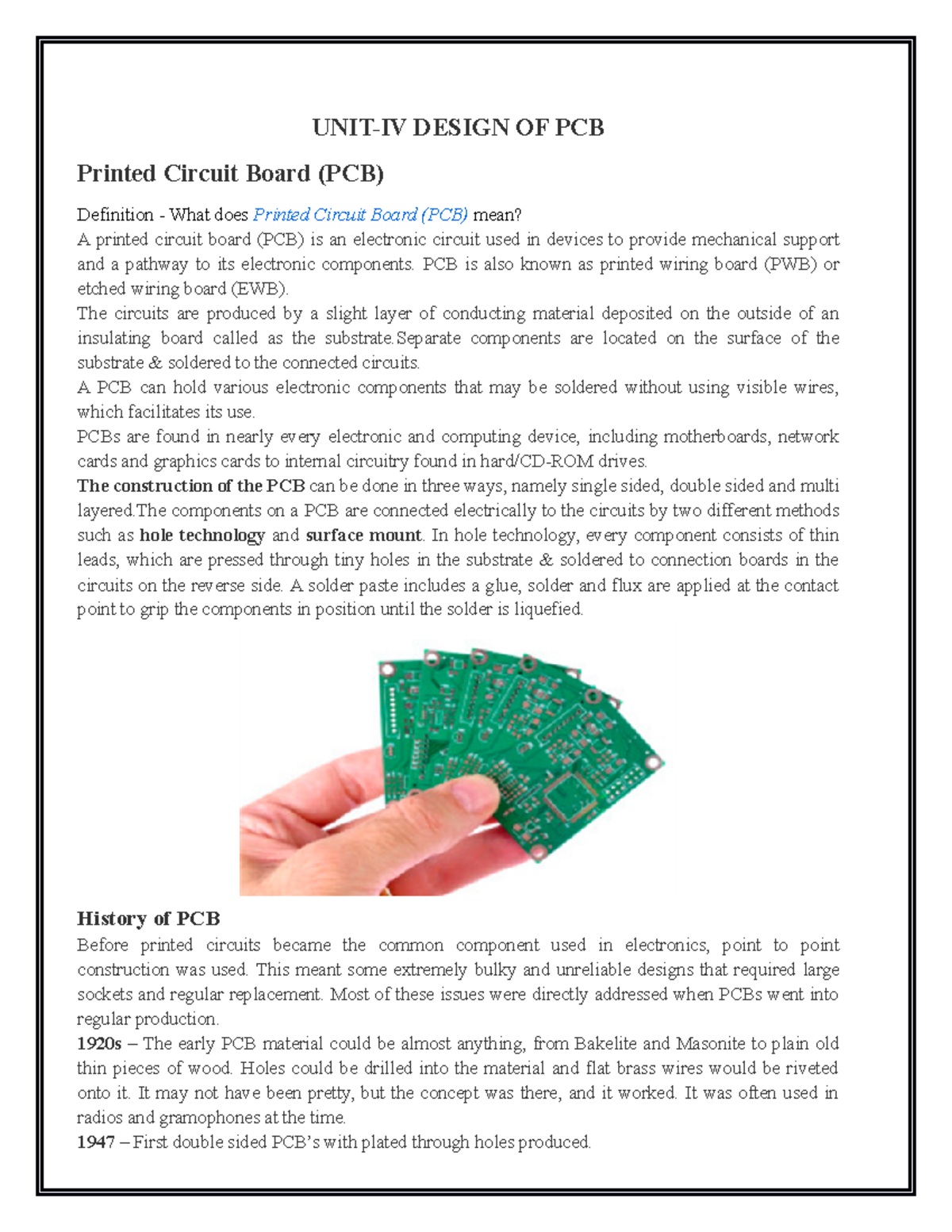 UNIT-IV: Comprehensive Notes on PCB Design and Applications - Studocu