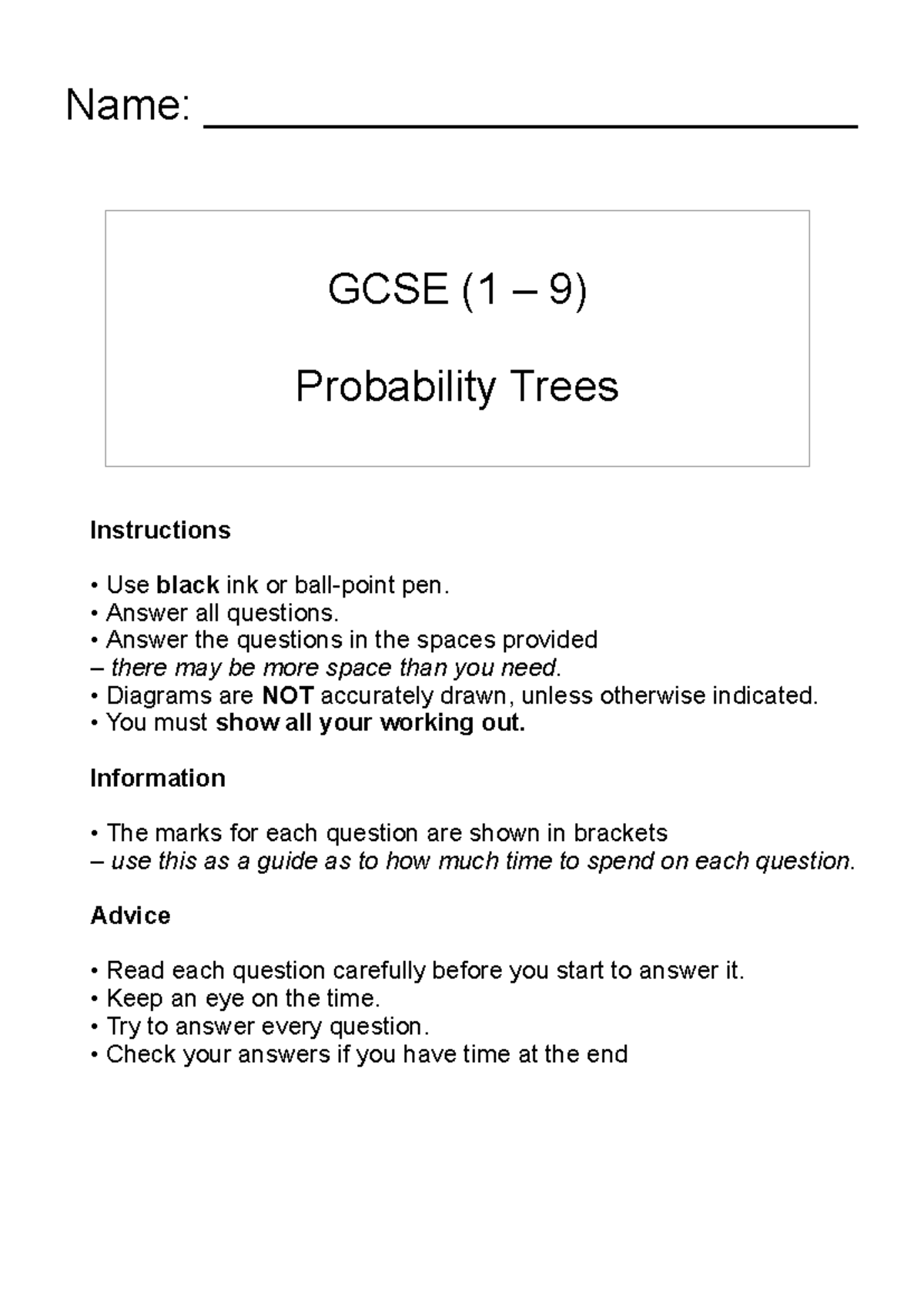 GCSE Probability Trees Practice Questions - N/A - Studocu