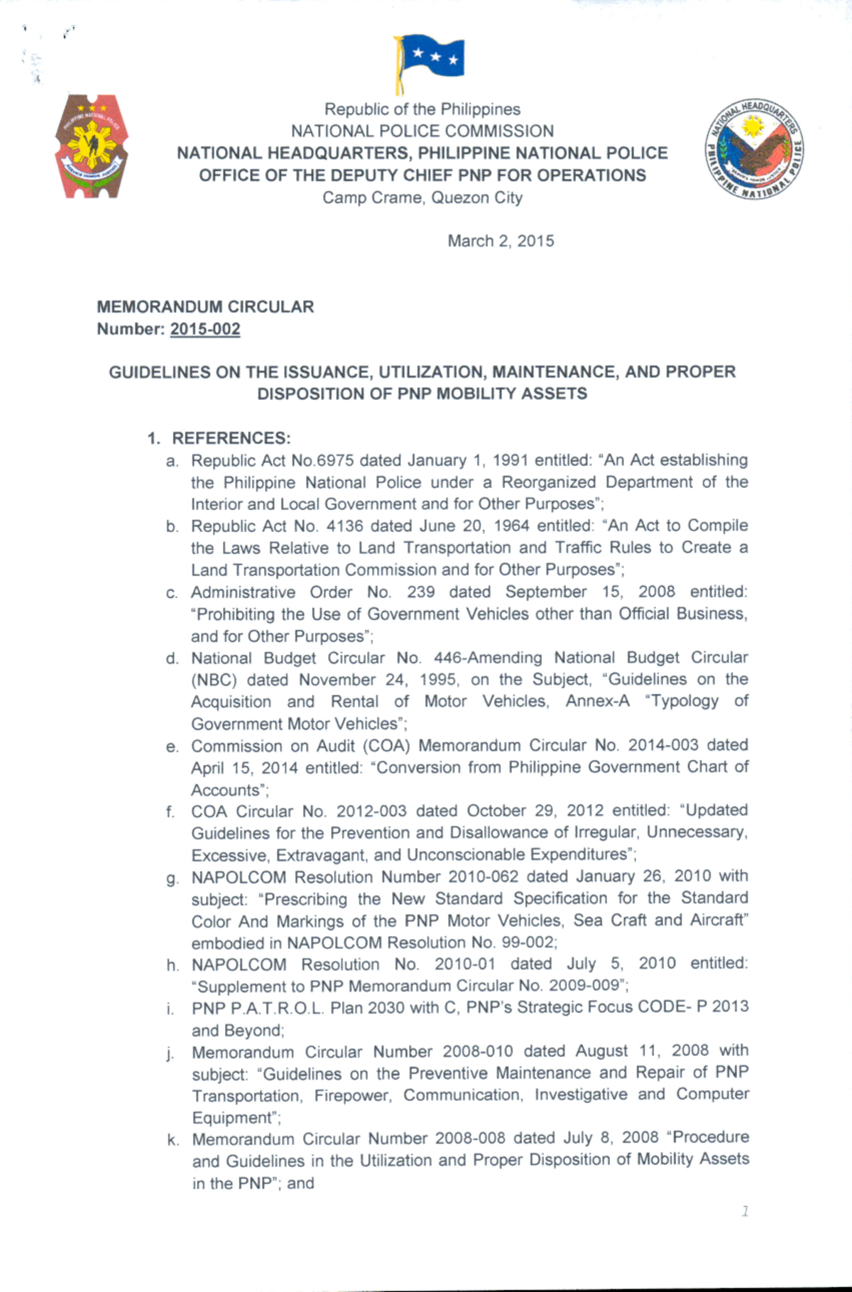 MC 2015 002 PNP Guidelines on Mobility Assets Management and ...