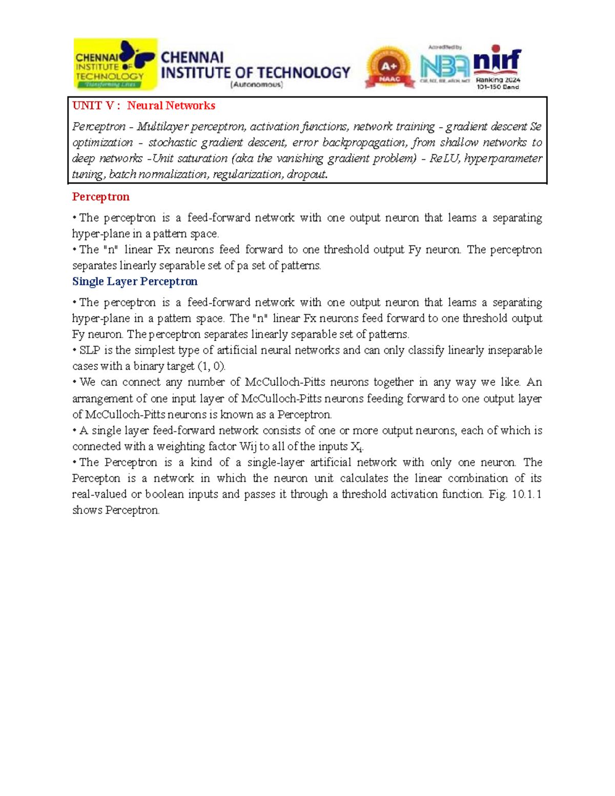 Unit V: Neural Networks - Perceptron & Activation Functions (ICML ...