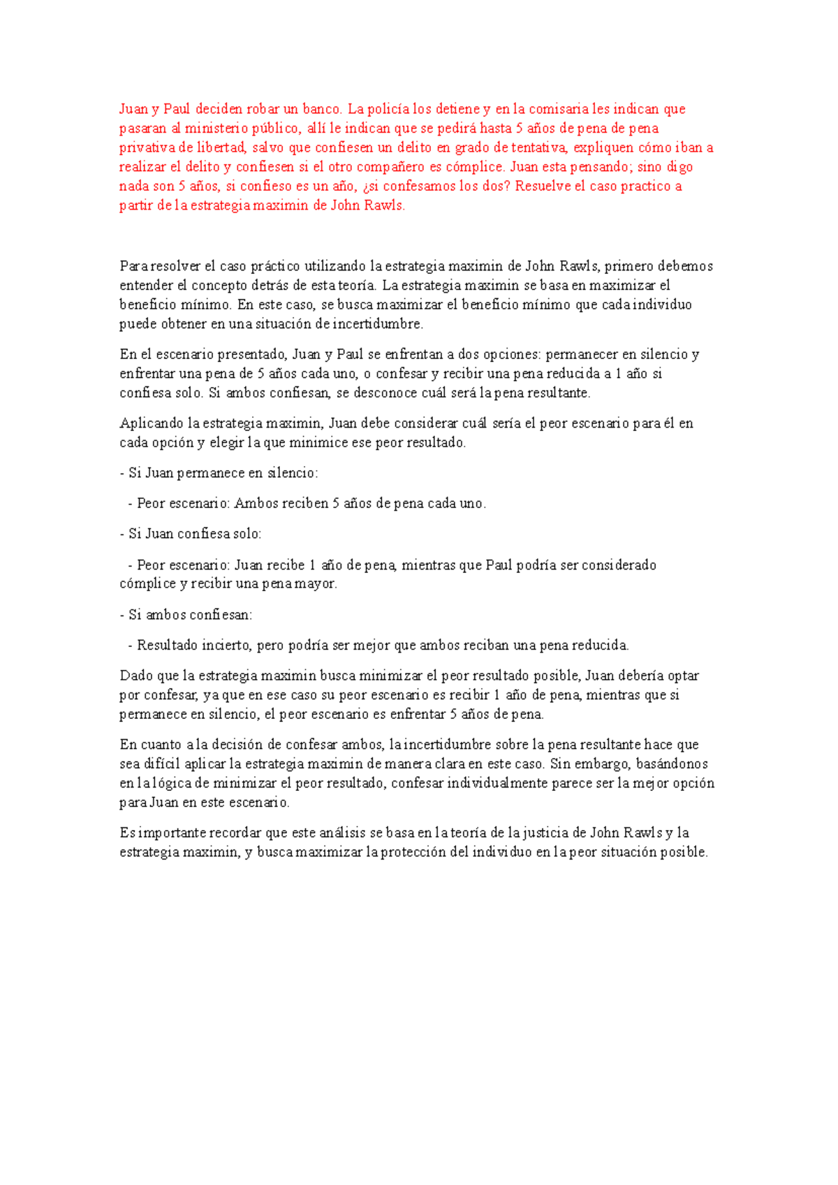 Caso práctico: Análisis maximin según John Rawls en delito bancario ...