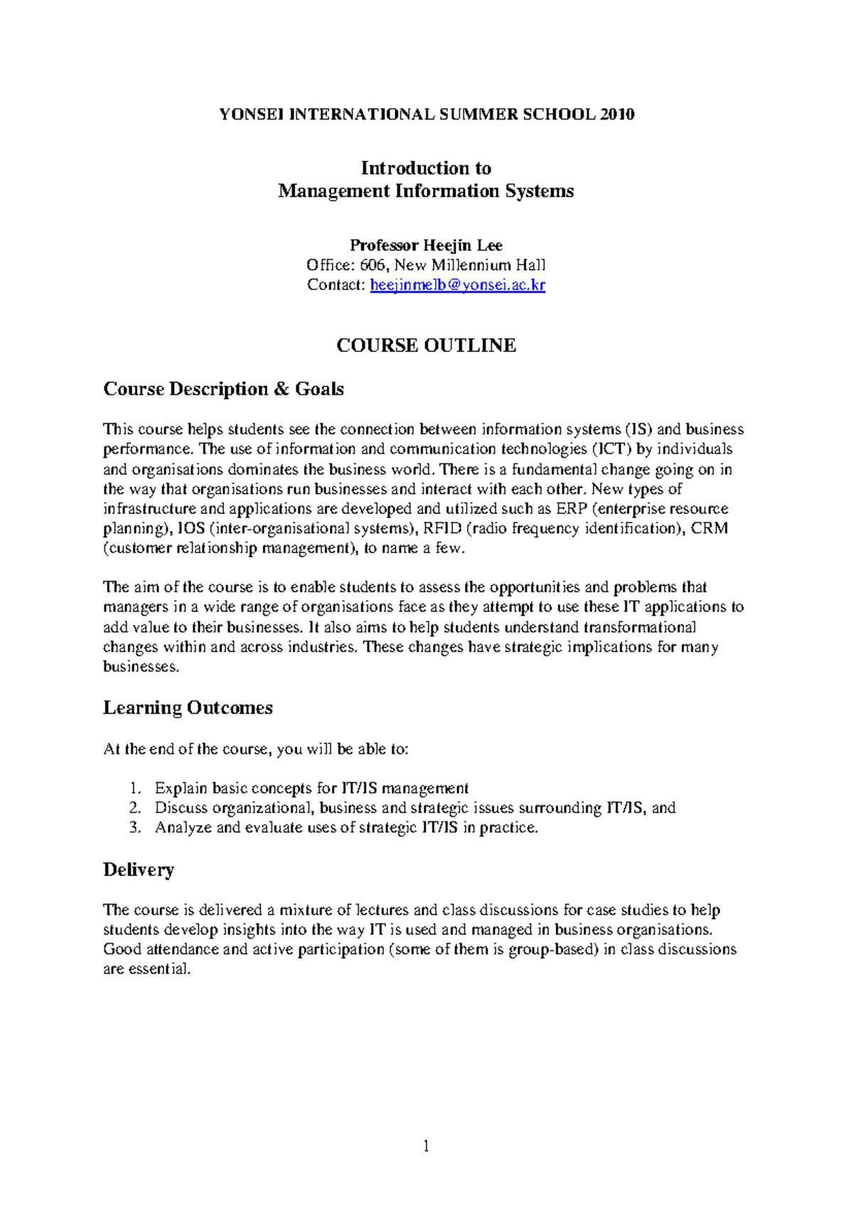 MIS 101: Introduction to Management Information Systems Course Outline ...