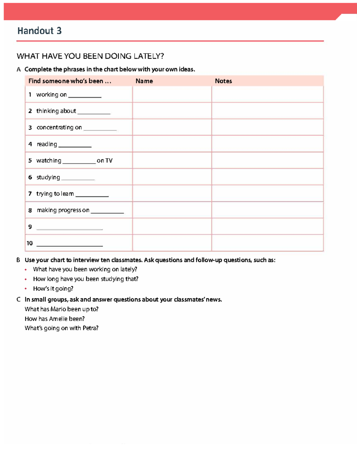 BUS 2.0 Level 3 Lesson Plan 8 Handout 3 - Handout 3 WHAT HAVEYOU BEEN DOING LATELY? A Complete ...