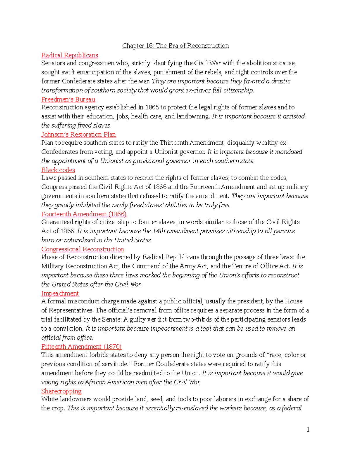 History 1302 Vocab Notes: Key Terms from Reconstruction to Imperialism ...
