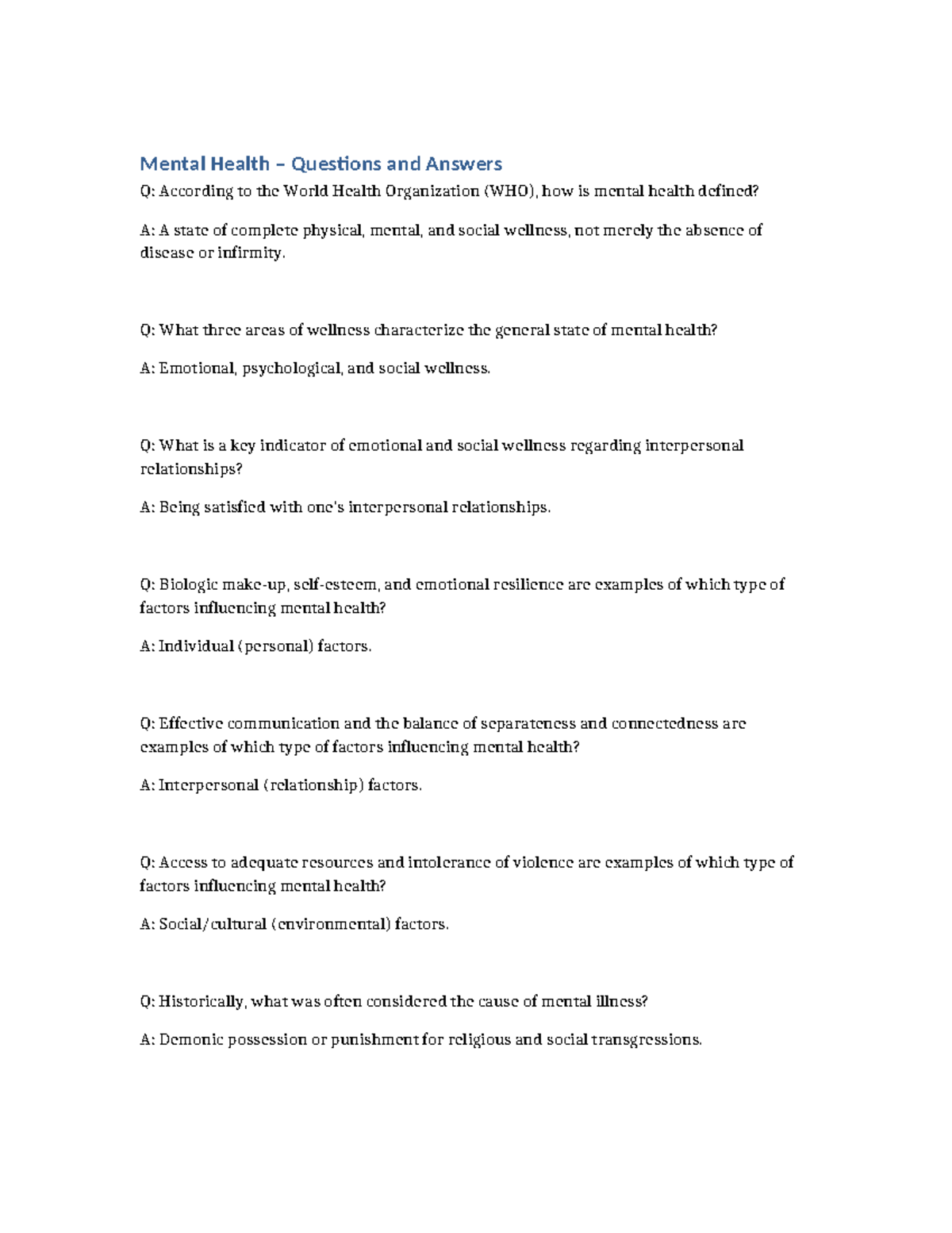 Week 1 Mental Health Notes: Key Concepts and Q&A - Studocu