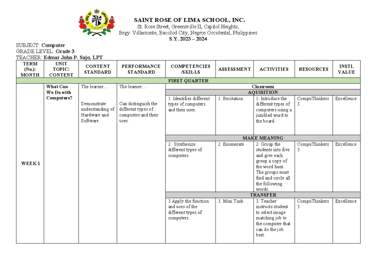 Computer 3 - Curriculum Map - SAINT ROSE OF LIMA SCHOOL, INC. St. Rose ...
