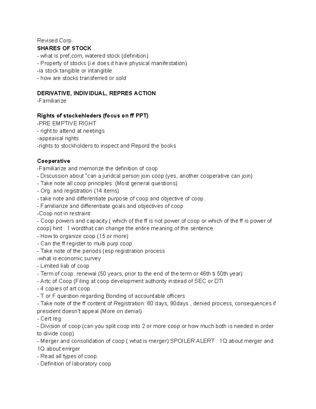 Revised Notes on Corp Shares, Stock Rights & Coop Principles - Studocu