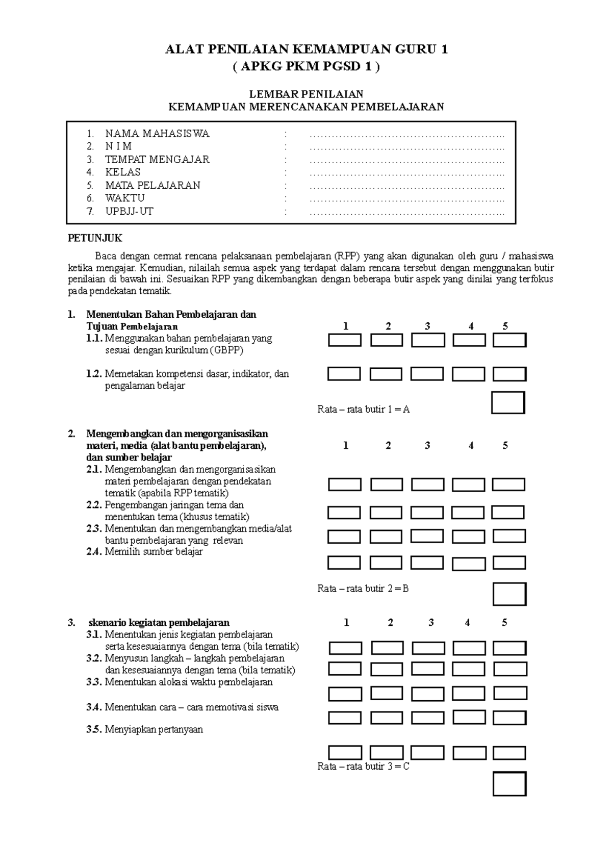 APKG PKM PGSD 1 - Lembar Penilaian Kemampuan Merencanakan Pembelajaran - Studocu