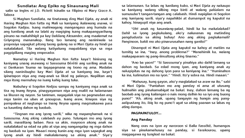 Sundiata: Ang Epiko ng Sinaunang Mali - Isinalin sa Filipino - Studocu