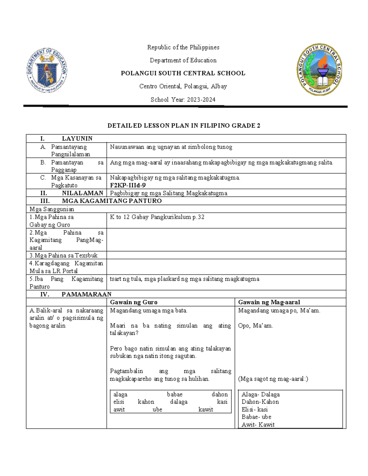 Detailed Lesson Plan in Filipino for Grade 2 - SY 2023-2024 - Studocu