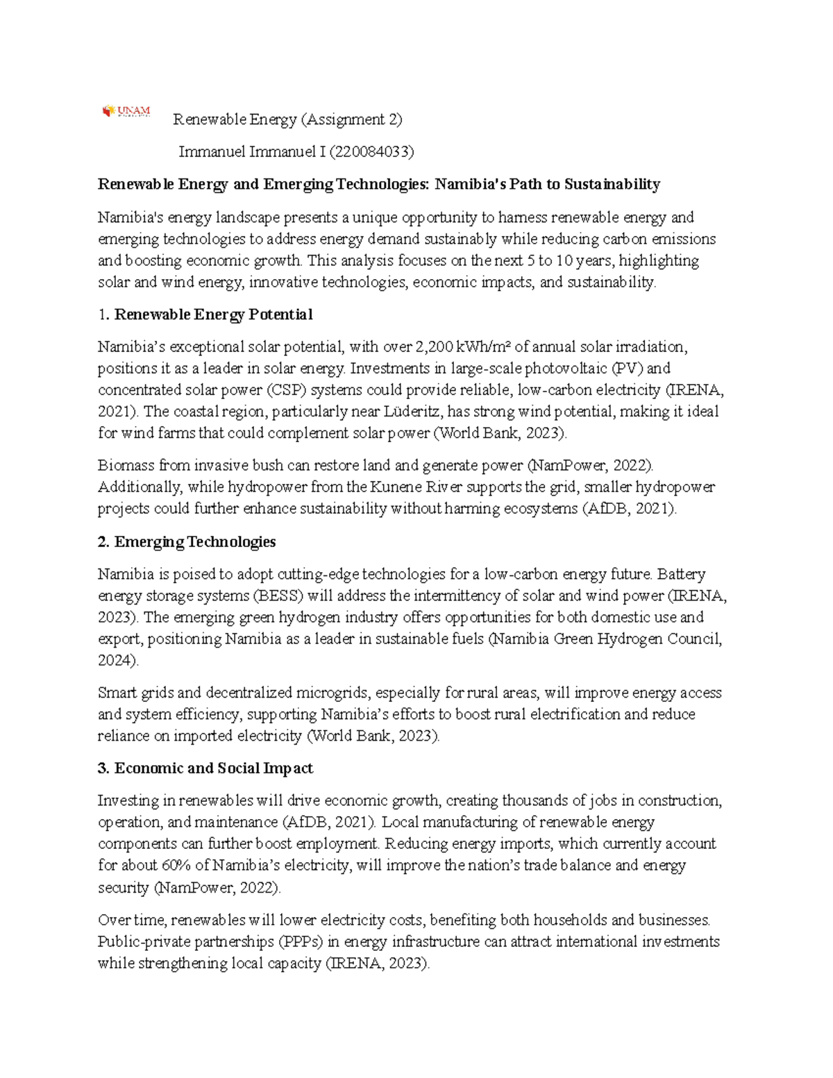 Renewable Energy (Assignment 2): Namibia's Sustainable Future Analysis ...