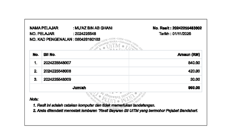 Resit Pembayaran Bil UiTM - Contoh - Studocu
