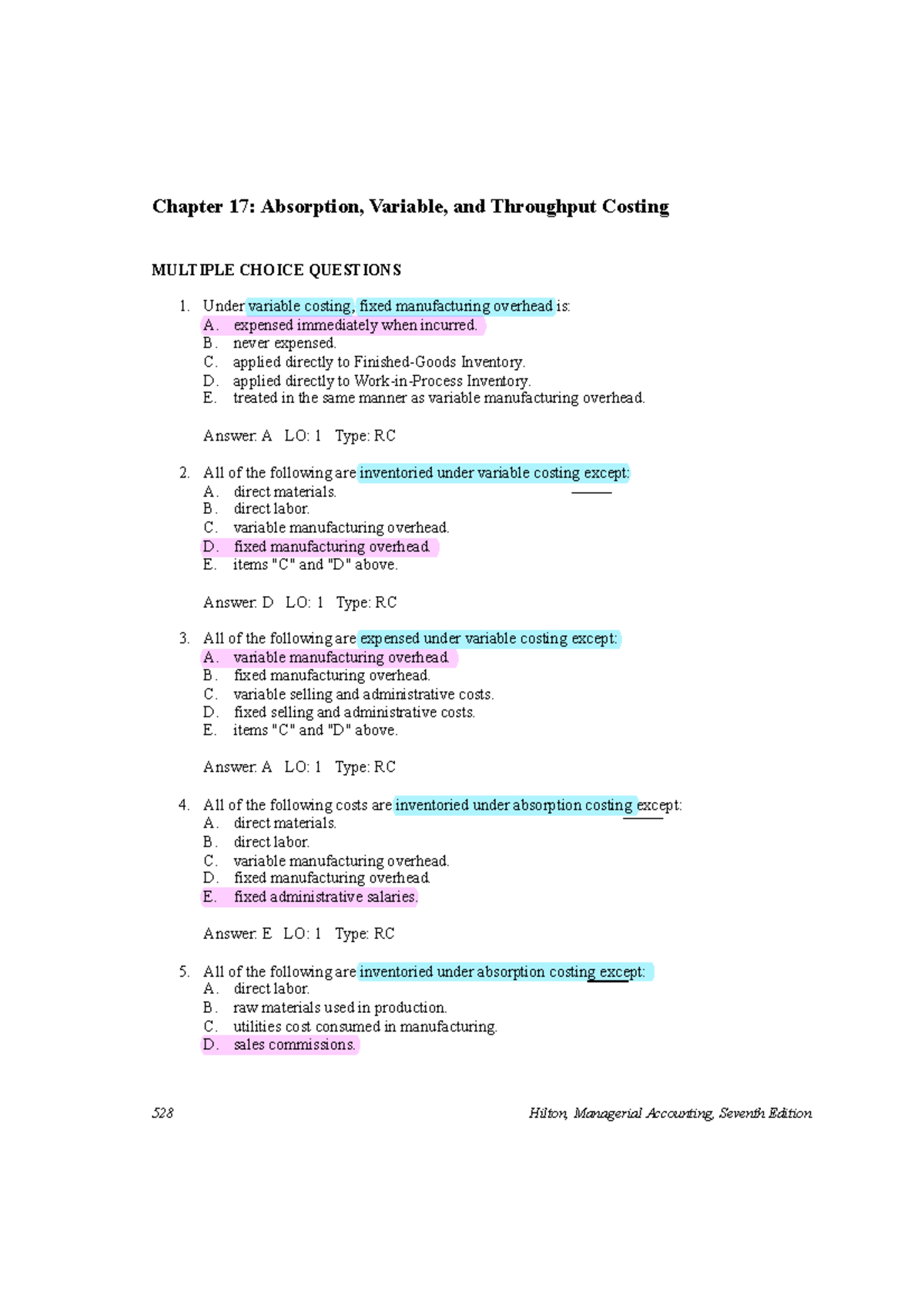 Chapter 17 - Costing Approaches: Variable, Absorption, and Throughput (MAS) - Studocu