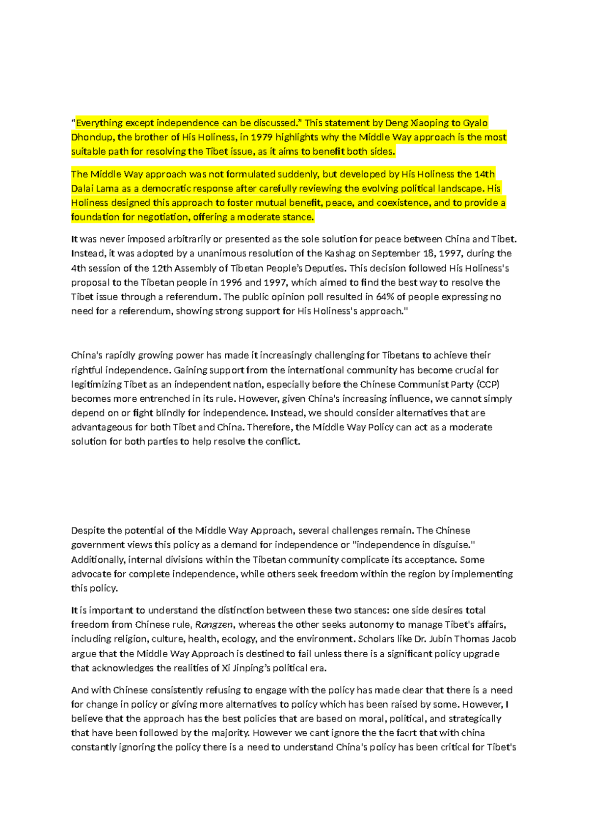 Middle Way Approach: A Balanced Solution for Tibet-China Relations ...