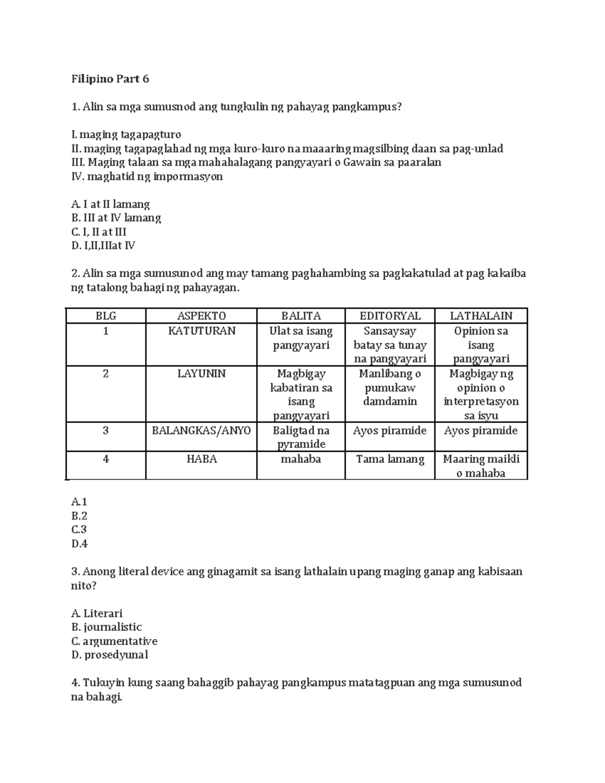 LET Reviewer Part 6: Filipino Major Review Questions with Answers - Studocu