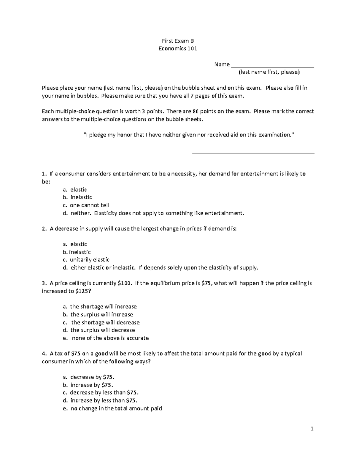 Economics 101 Final Exam B: Multiple-Choice & Essay Questions - Studocu