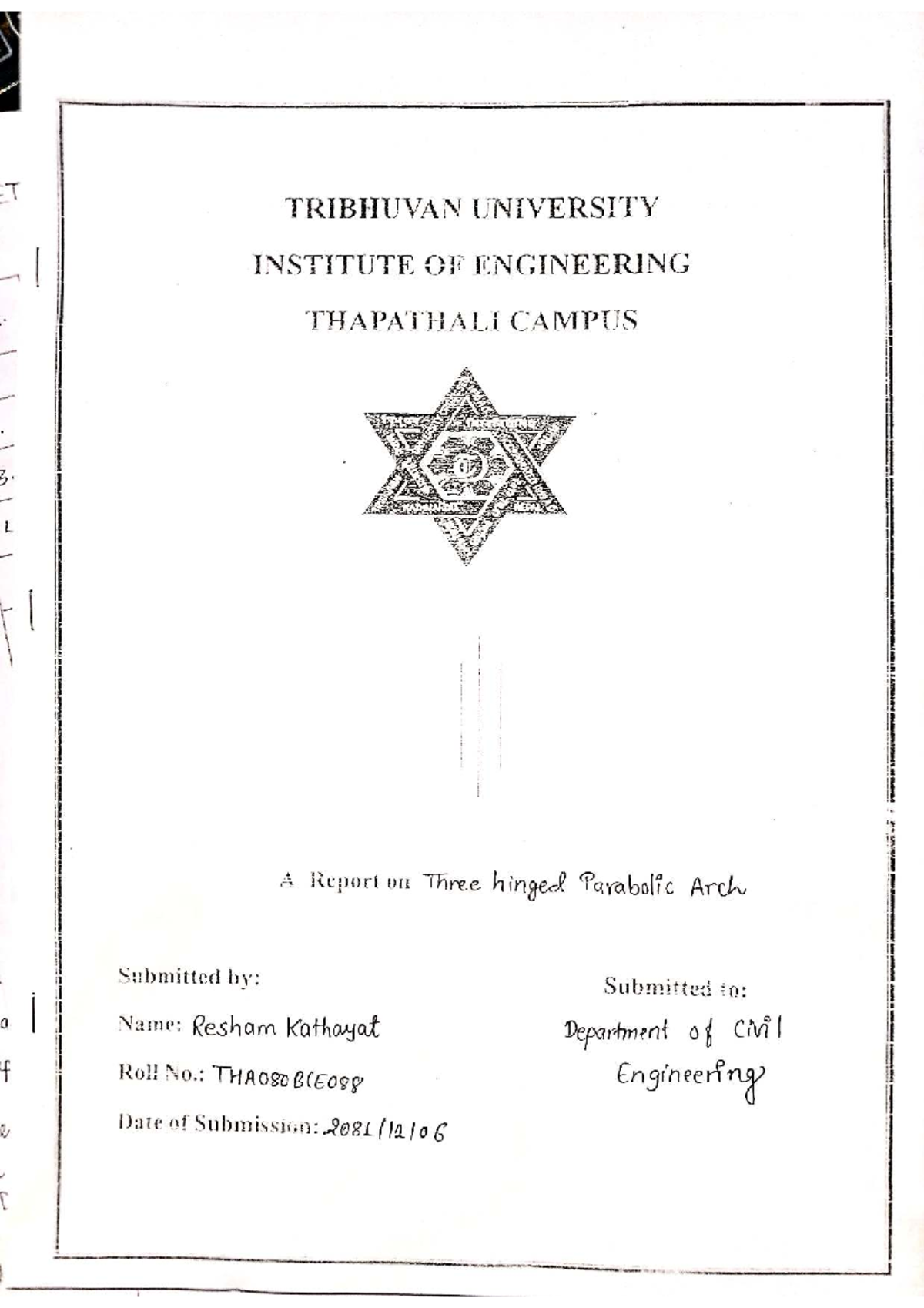 TRIBHUVAN UNIVERSITY INSTITUTE OF ENGINEERING THAPATHALI CAMPUS Lab ...