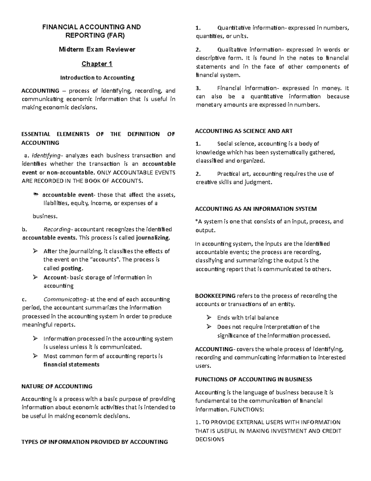 FAR 101: Midterm Exam Reviewer on Financial Accounting Concepts - Studocu