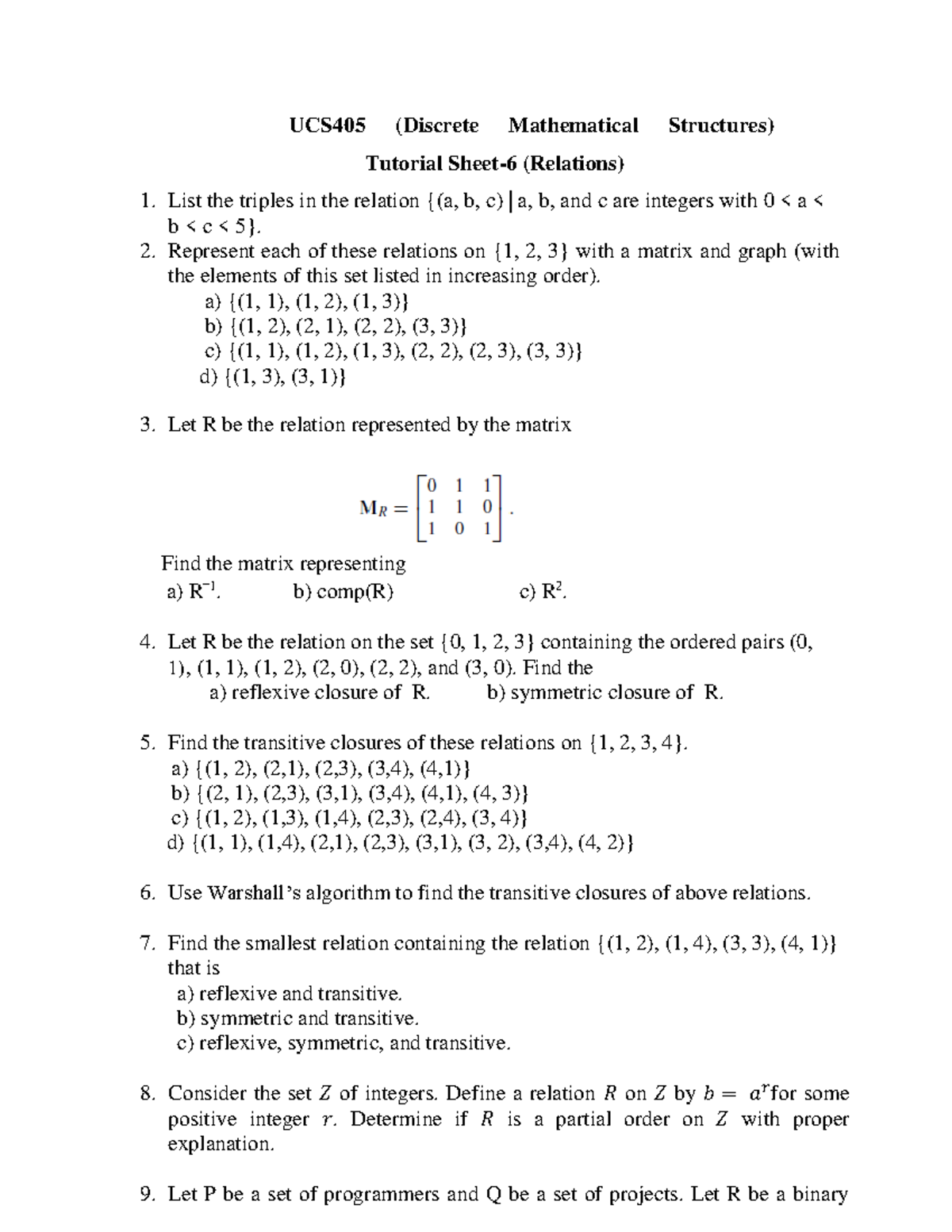 UCS405 Discrete Math Structures Tutorial 6 - Relations Practice Questions - Studocu