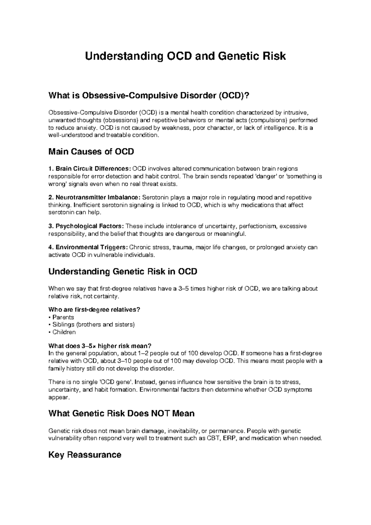 OCD Explanations and Genetic Risk: Understanding the Disorder - Studocu