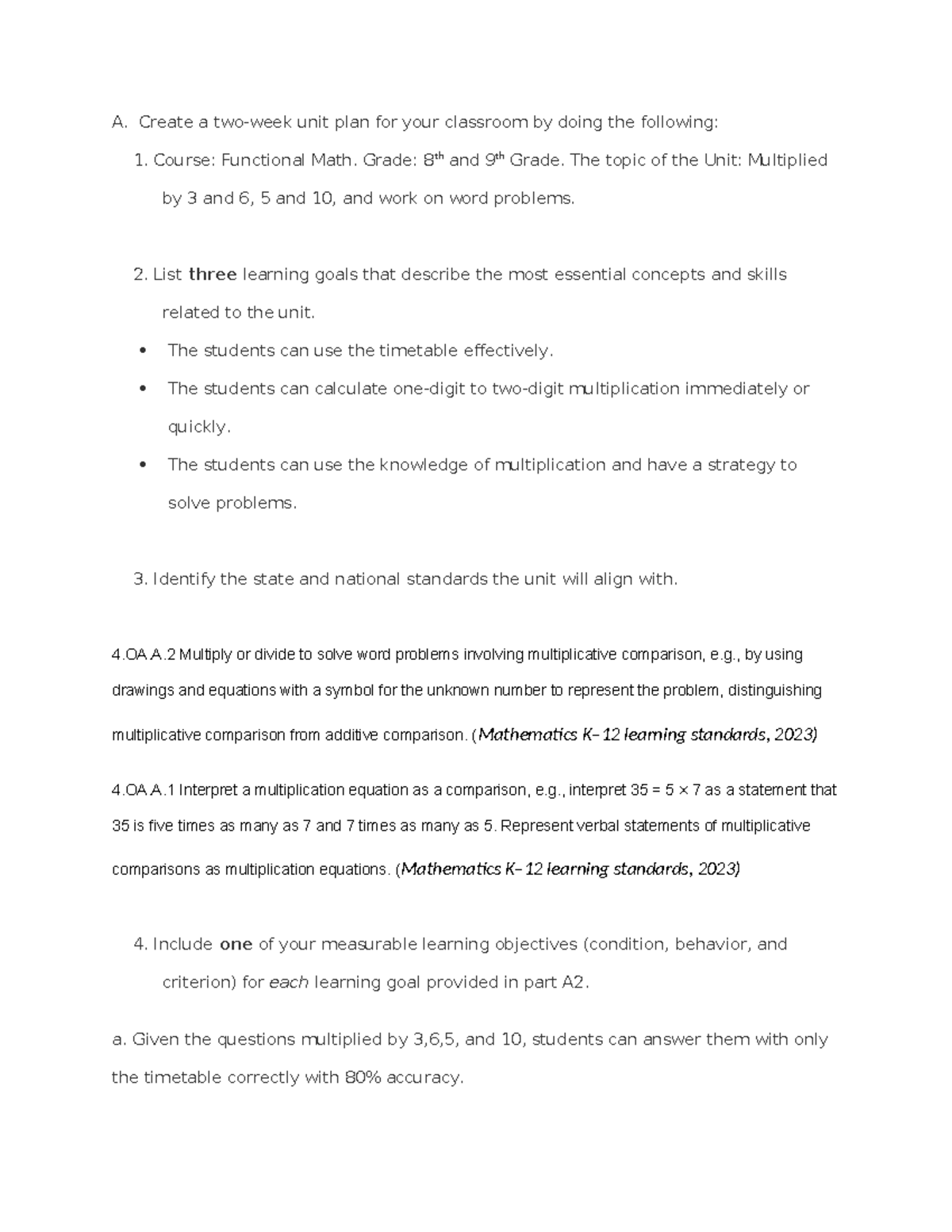 Task 2: Unit Plan for 8th & 9th Grade Functional Math - Pre/Post ...