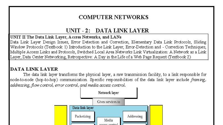 CN UNIT 2: Data Link Layer Overview and Protocols - Studocu